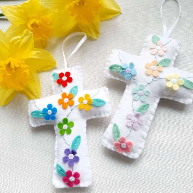 Rainbow Flower Cross. White Felt Cross With Embroidered Vines & Flowers ...
