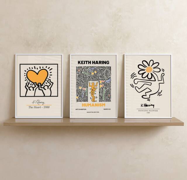 Yellow Prints, Set Of 3, Wall Art, Keith Haring, Humanism, Retro Decor ...