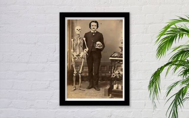 Framed Vintage Victorian Photo Print Of Edgar Allen Poe With A Skeleton ...