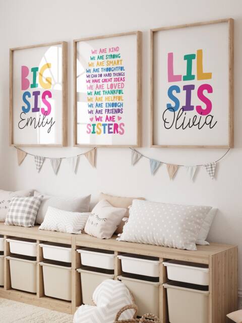 Set Of 3 Sister Prints, Girls Bedroom Decor, Big Sis Lil Sis, Nursery Affirmations, Siblings ...