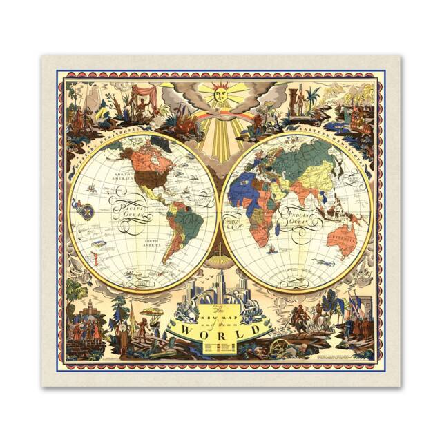 The New Map Of The World - Double Hemisphere World Map Vintage Poster ...