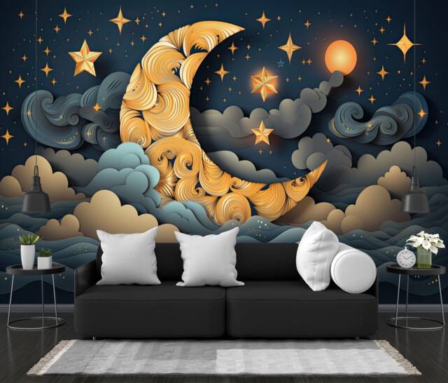 Creative Illustration Of A Golden Crescent Moon in Clouds Generative Ai ...