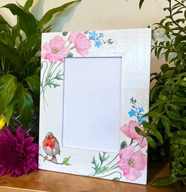 Robin, Poppy & Forget Me Not Decoupaged Photo Frame, Pink Flowers Bird ...