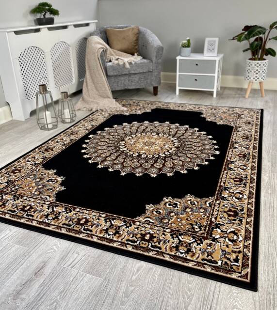 New Modern Black Beige Mandala Rugs Mats Large Small Hallway Runner ...