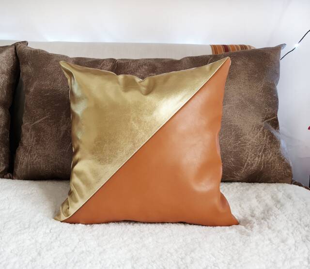 Diagonal Faux Leather Pillow Cover Cinnamon, Tan & Gold by Etsy ...