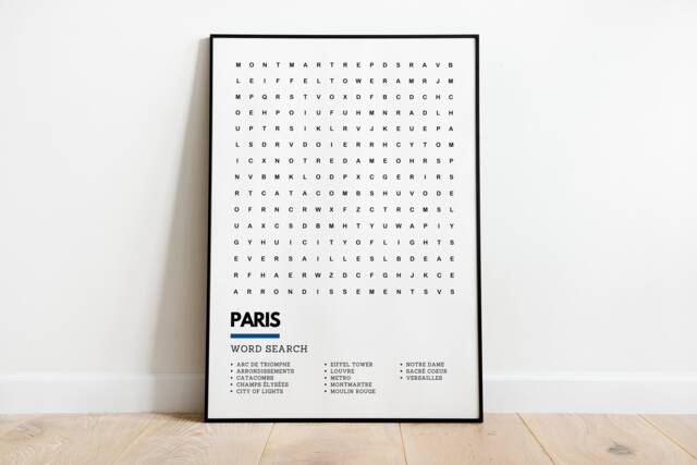 Paris Print Wordsearch Art Poster A4 A3 - Landmarks Eiffel Tower Louvre ...