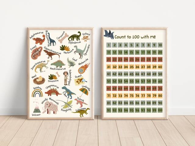 Educational Dinosaur Alphabet & Numbers Prints. Set Of 2 - Prints Only ...