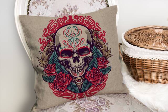 Decrotive Skull Skeleton Floral Roses - Cushion Cover With Or Without ...
