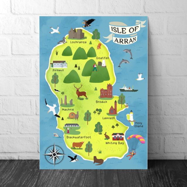 Isle Of Arran Map - Pictorial Poster Ayrshire Lochranza Brodick Goatfell Blackwaterfoot Castles ...