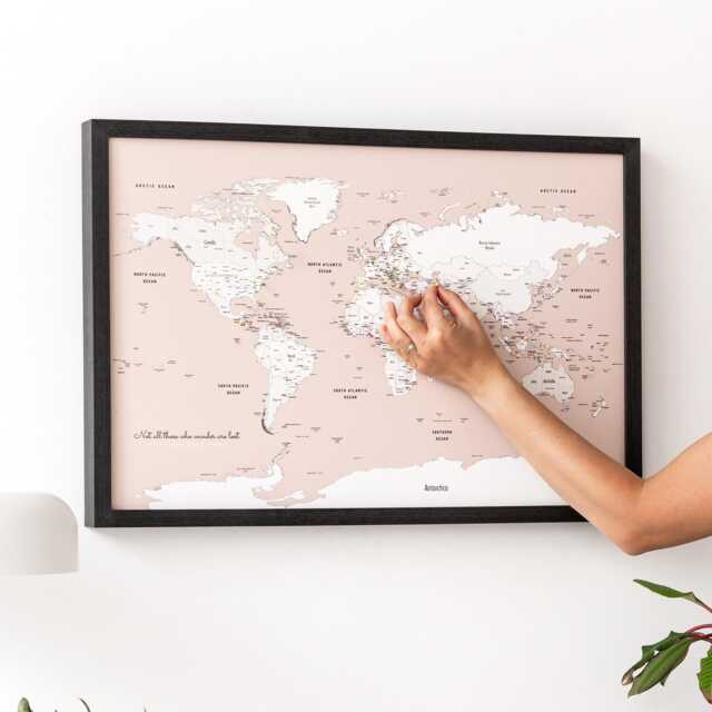 Mini Push Pin World Map, Small Framed Travel Tracker Board, Dusty Pink ...