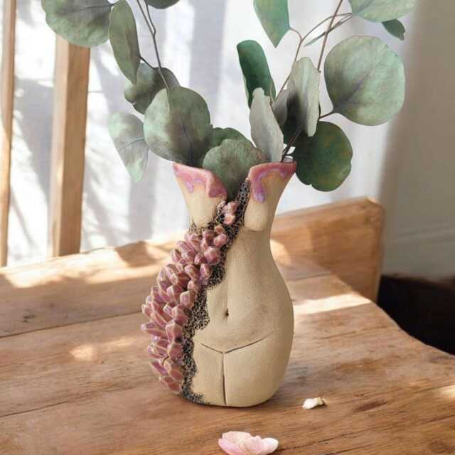 Ceramic Woman Formed Flower Vase With Crystals, Stoneware Dried Pot ...