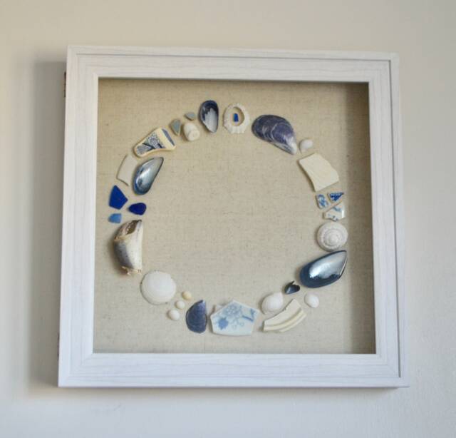 Blue & White Beachcombed Artwork/Blue Shell, Seaglass Sea Pottery ...