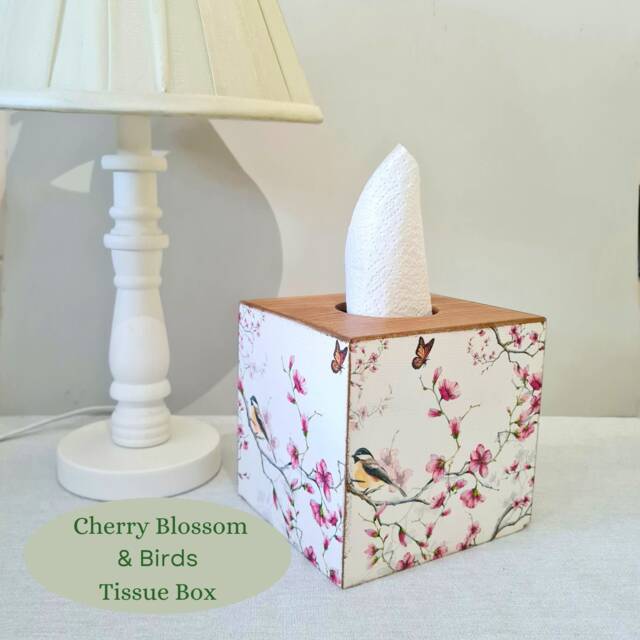 Cherry Blossom Birds Tissue Box, Pink Floral Luxury Pine Wooden Cover ...