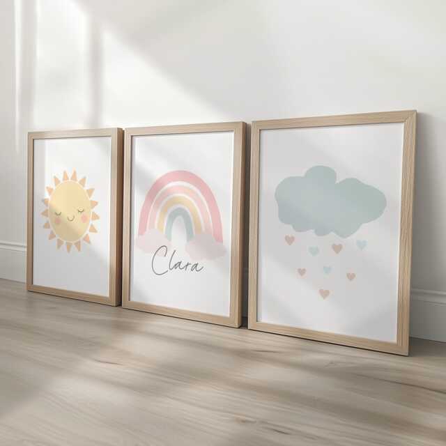 Personalised Rainbow Nursery Wall Art, Pastel Weather Cloud, Set Of 3 ...