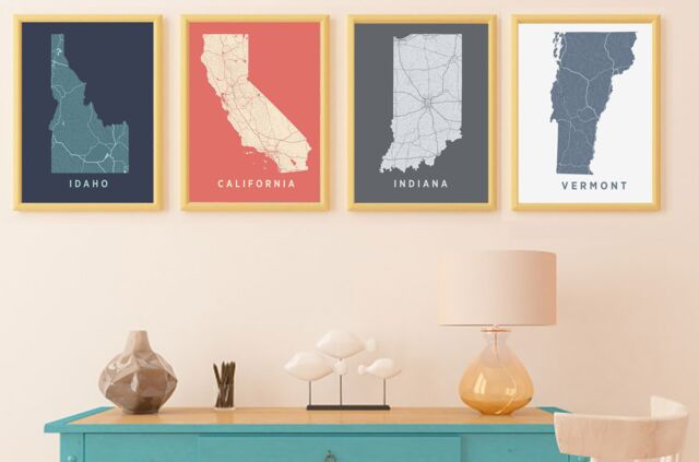4 State Map Set - Us Print Wall Art Choose States Gift by Etsy ...