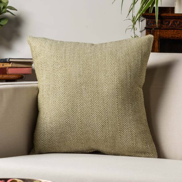 Faux Wool Linen Blend Herringbone Cushion in Olive Green. Traditional ...