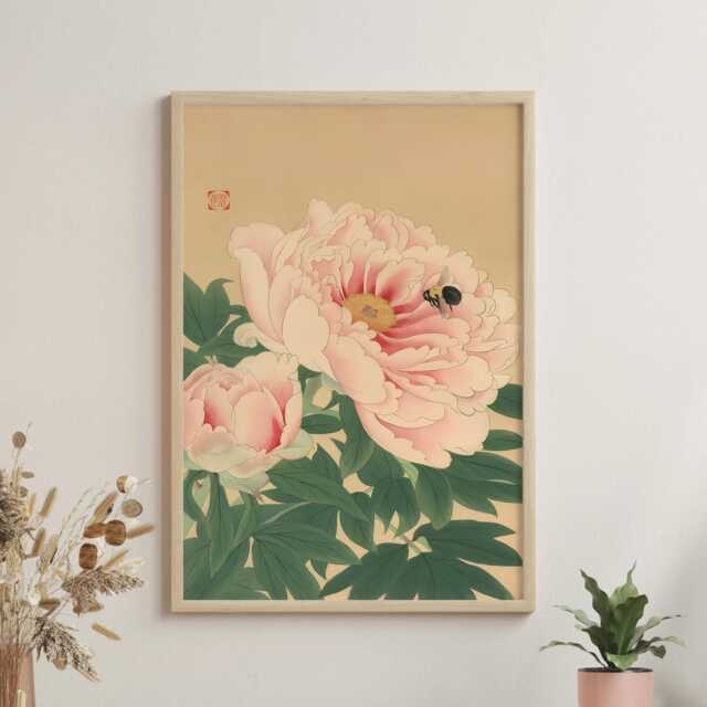 Peony & Bee By Fukuda Suiko Ukiyo-E Poster Vintage Japanese Art ...