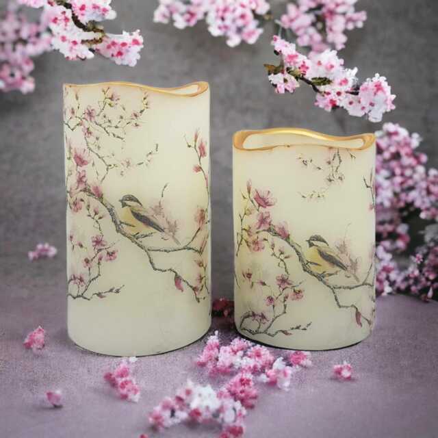 Set Of 2 Flameless Candles, Cherry Blossom Tree & Birds, Led Flickering ...