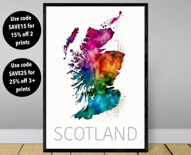 Watercolour Scotland Map Poster Art Print, Map Watercolour Poster ...