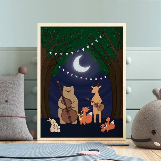 Woodland Animal Party Art Print - Cute Forest Nursery Decor Bear ...