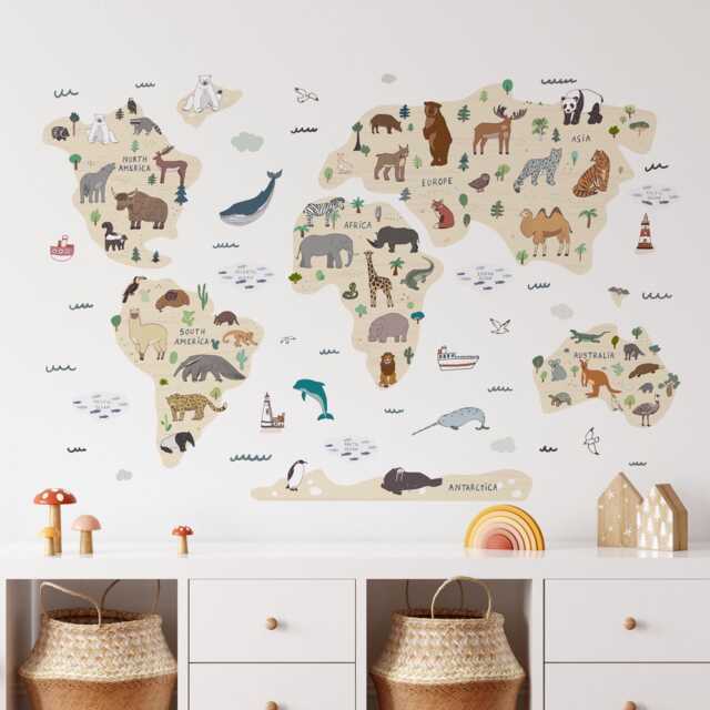 World Map Wall Decals, Animals Globe Kids Room Stickers, Sea Nursery ...