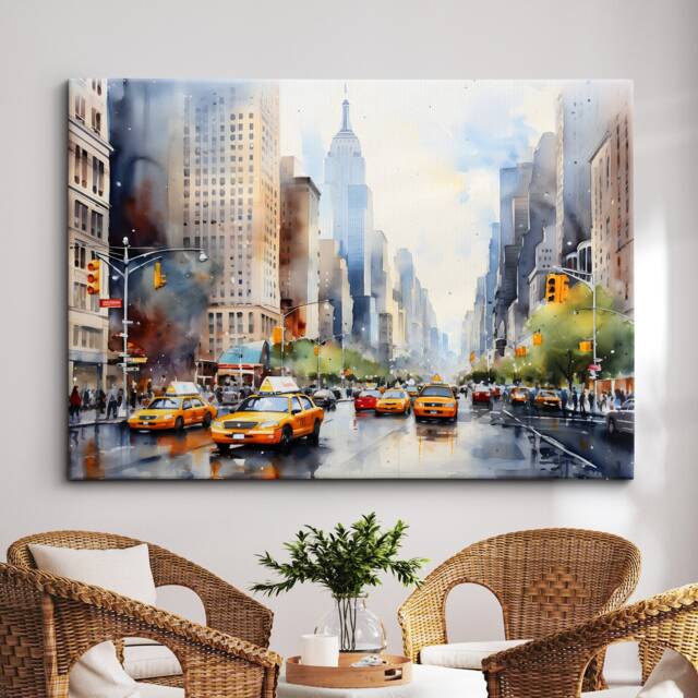New York City Street Yellow Cab Landmark Oil Painting Watercolor Wall ...