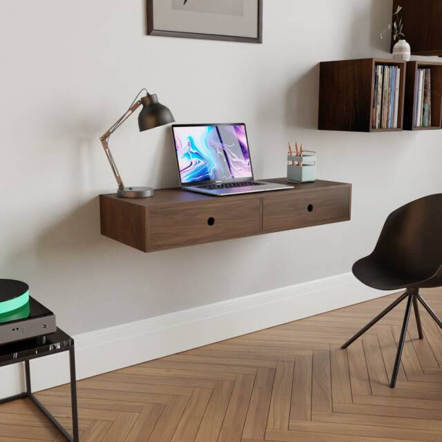 Floating Desk in Solid Walnut, Wall Mounted Mid-Century Modern Standing ...