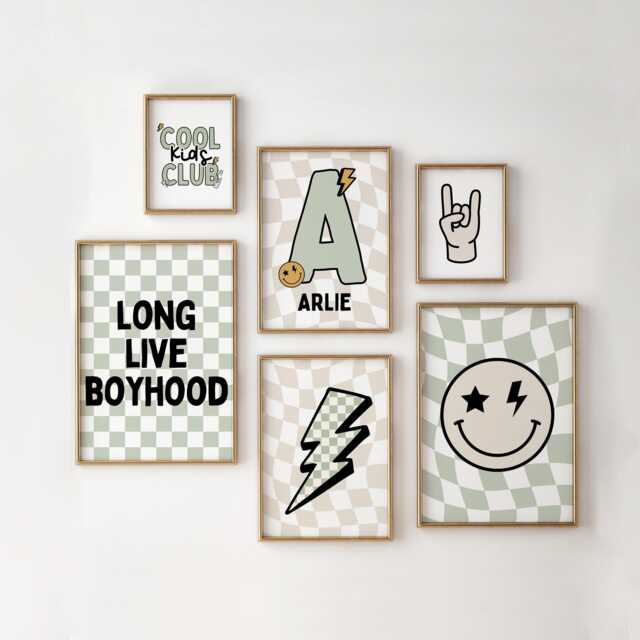 Set Of 6, Checkerboard Retro Style Prints, Smiley Face Cool Kids Club ...