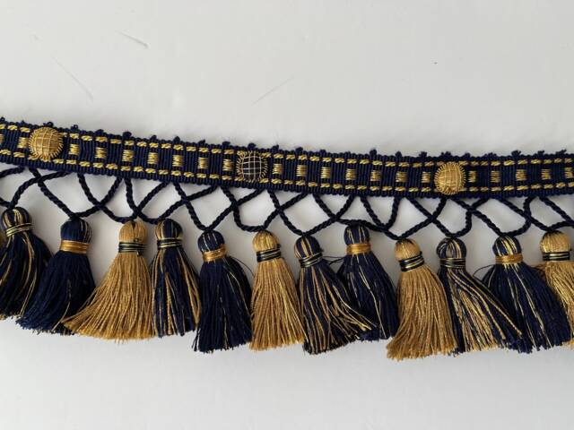 Elaborate Tassel Fringe With Decorative Buttons in Navy Blue & Gold by ...