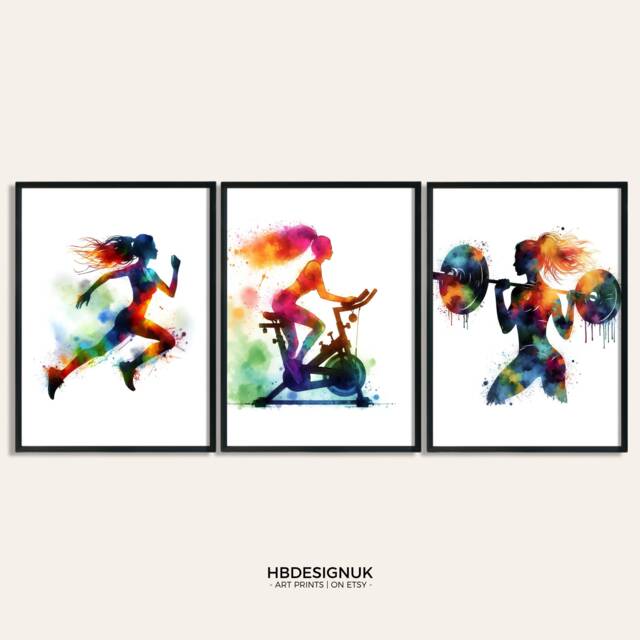 Woman Gym Print - Set Of 3 Girl Posters - Watercolour Wall Art Women ...