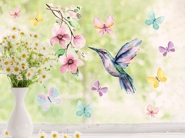 Hummingbird & Butterflies Window Stickers - Spring Decor, Sticker Pack ...
