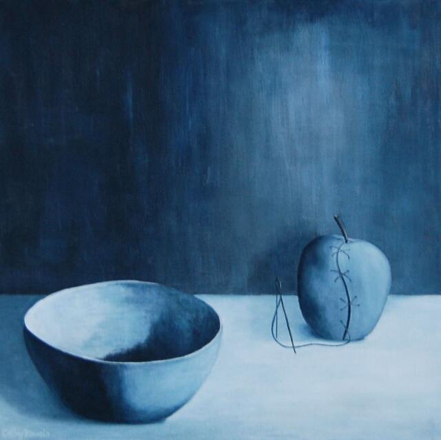 Surrealism Original Painting - Surreal Apple Still Life in Blue ...
