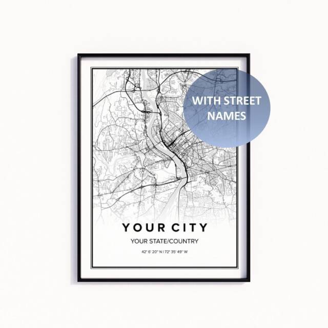 Map Of Any City Town Favorite Place Custom With Street Names Wall Art ...