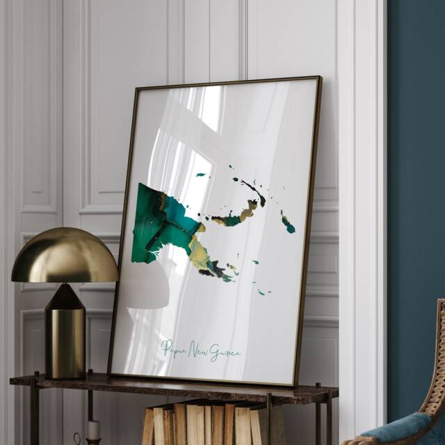 Papua New Guinea Map Emerald Green & Gold Wall Art Print by Etsy ...