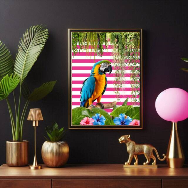 Vibrant Tropical Parrot & Jungle Leaves Print On Hot Pink Striped ...