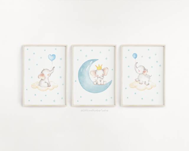 Blue Elephant Print Trio Set - Nursery Wall Art - Nursery Decor Animal ...