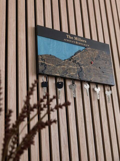 Personalized Wall Key Holder, Laser Cut & Engraved Location/City Map ...