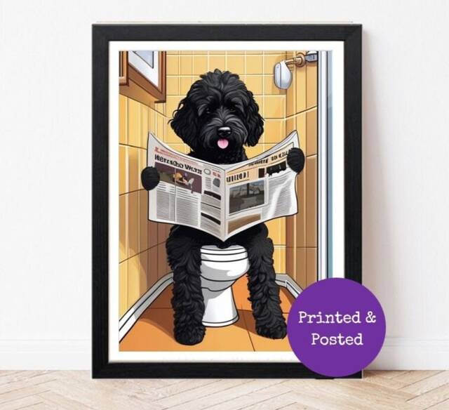 Black Cockapoo Sitting On Toilet Reading Newspaper - Cockerpoo Print ...