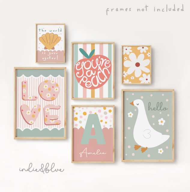 Set Of 6 Personalised Gallery Wall Prints, Pastel Green & Mustard, Girl ...