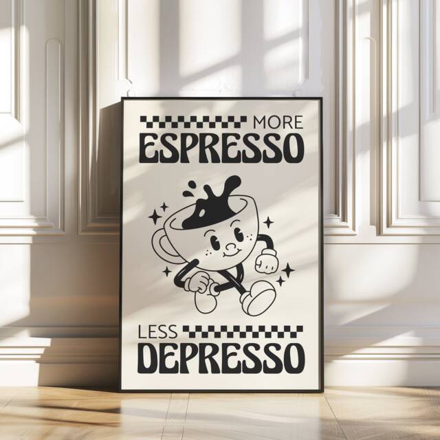 More Espresso Less Depresso Print - Retro Cartoon Coffee Poster For ...