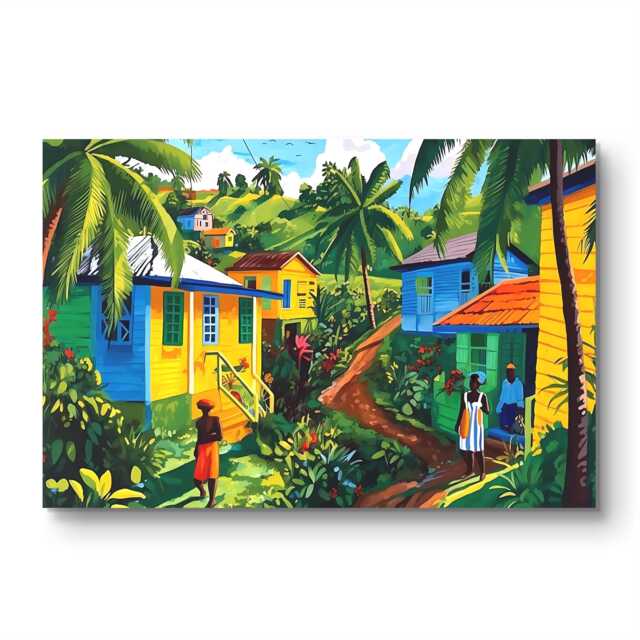 Dominica Village Art Print - Vibrant Caribbean Scene With Rasta Man ...