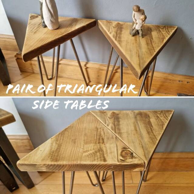 Pair Of Triangular Rustic Plant Stand/ End Tables, With Steel Hairpin ...