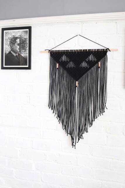 Macrame Wall Hanging, Black Gothic Medium Large Boho Beaded Woven Decor ...