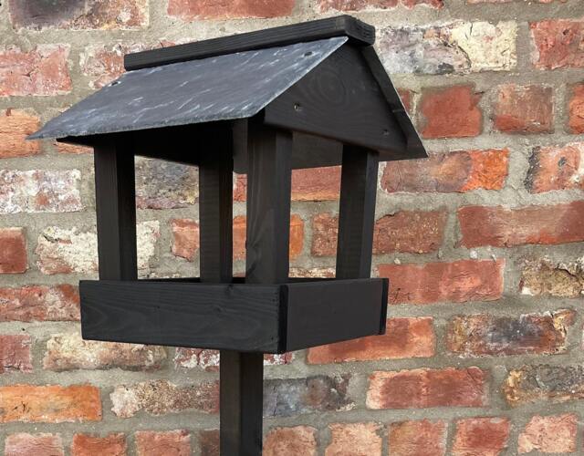 Wooden Bird Table Slate Roof Feeding Station Feeder Wild Garden Black ...