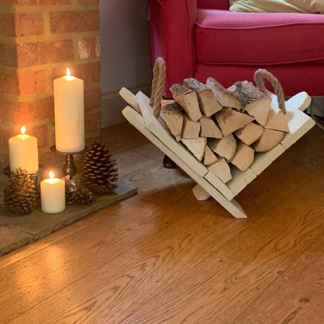 Rustic Reclaimed Wood Log Basket Off White Firewood Storage With Rope ...