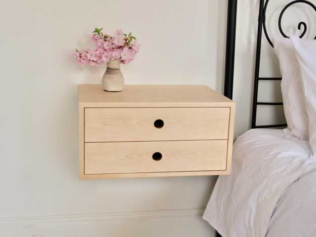 Floating Nightstand With Double Drawers in Solid Maple, Scandinavian Modern Bedside Table by ...