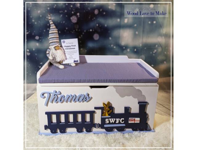 Train Personalised Toy Box With Cushioned Seat - Large Blue Wooden Boys ...