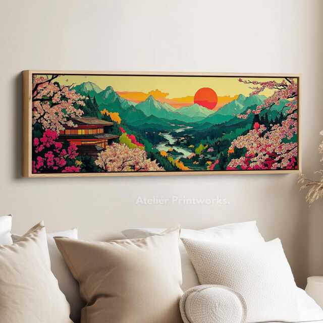Japanese Landscape Large Wide Horizontal Wall Art Framed Canvas, Living ...