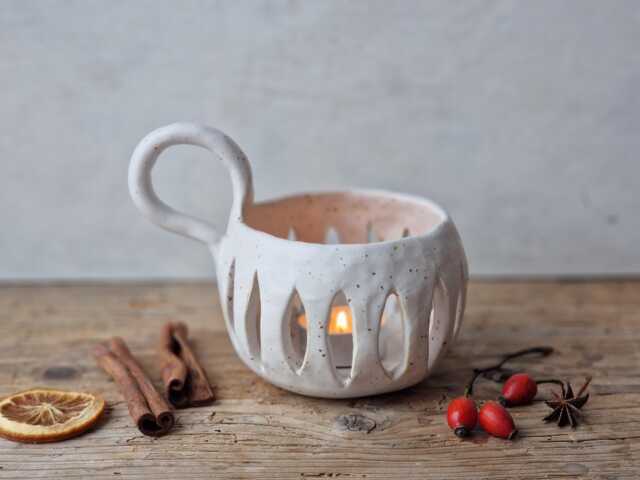 White Tealight Lantern, Ceramic Candle Holder, Tea Light Handbuilt Speckled Candleholder ...