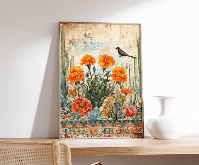 Vintage Mexican Poster, Prints, Decor, Traditional Latin Floral Print ...